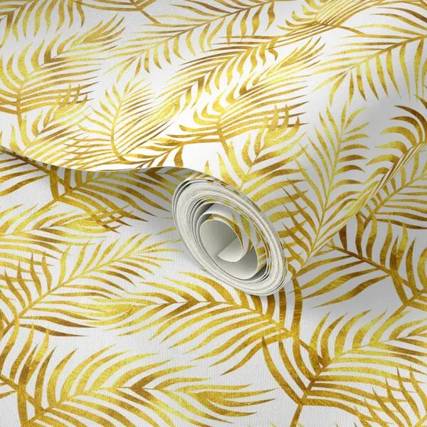 Spoonflower Leaves Gold Leaf Palm Jungle Tropical Custom Pre-pasted Wallpaper - Yellow,beige,gray