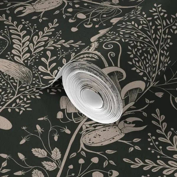 Spoonflower Woodland Wallpaper Snail Fern Damask Acorn Custom Pre-pasted Wallpaper - Green,beige,gray