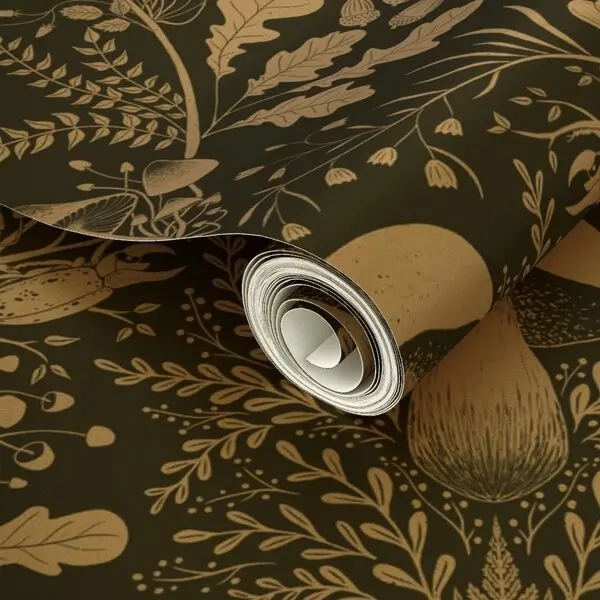 Spoonflower Woodland Wallpaper Snail Fern Damask Acorn Custom Pre-pasted Wallpaper - Green,beige,gray