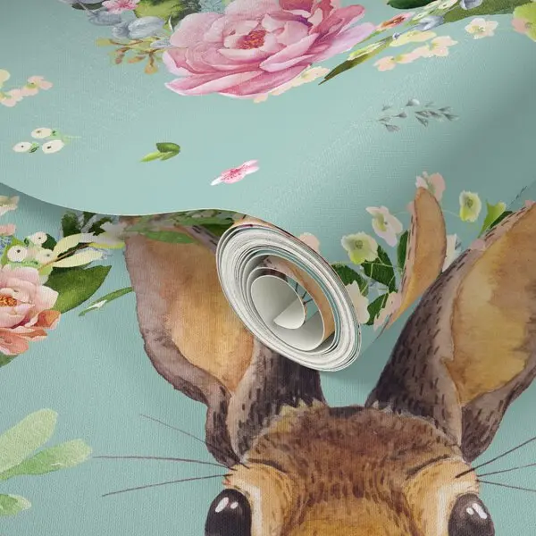 Spoonflower Pink Flowers Floral Rabbit Bunny Easter Custom Removable Wallpaper - Green,brown,pink