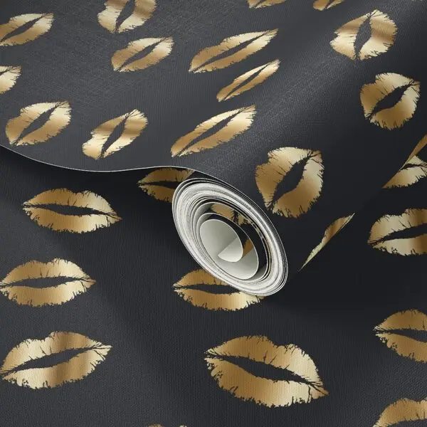 Spoonflower Gold Lips Gray Kiss Black Confetti Lip Kisses Custom Removable Wallpaper - Gold,gray,black