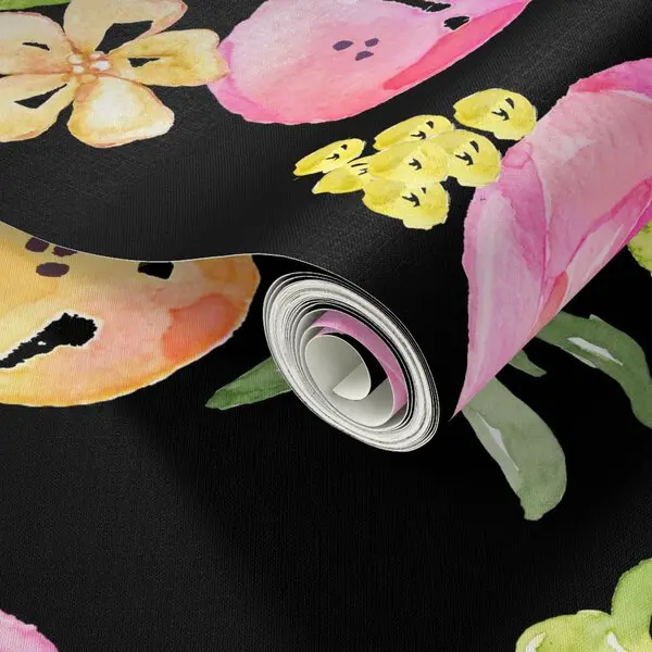 Spoonflower Peonies Poppies Spring Floral On Black Peony Custom Pre-pasted Wallpaper - Pink,black,green