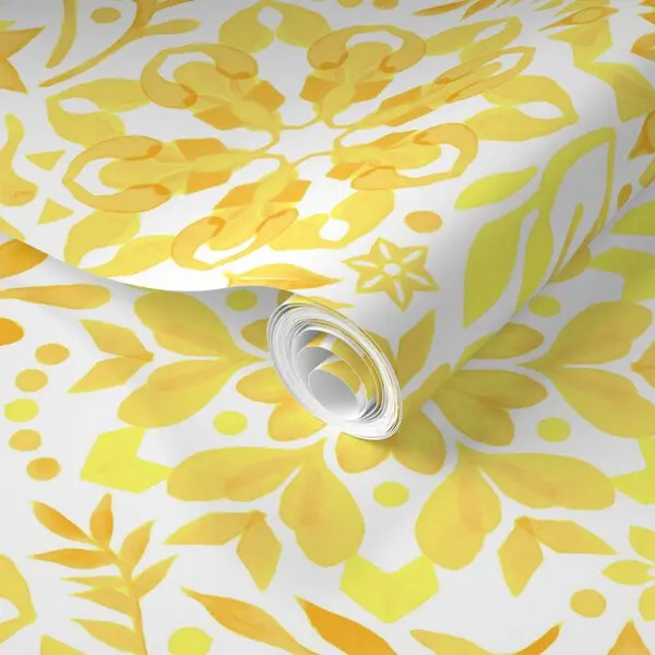Spoonflower Kaleidoscope Lemon Yellow Nature Leaves Watercolor Custom Pre-pasted Wallpaper - White,yellow,green