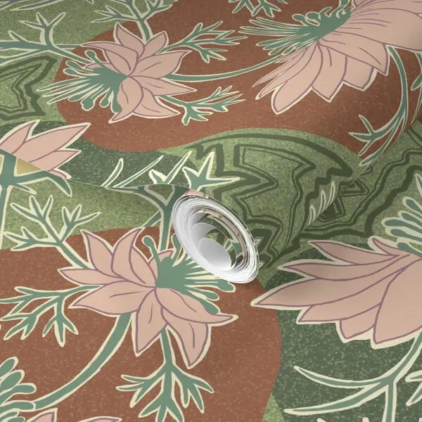 Spoonflower Art Nouveau Pink Nigella Large Custom Pre-pasted Wallpaper - Green,pink,beige