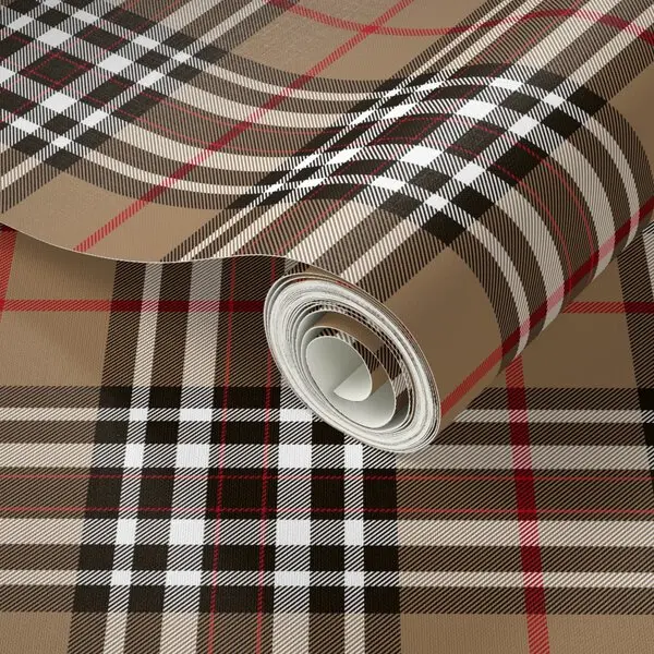Spoonflower Tartan Plaid Scottish Tan Brown Black White Custom Pre-pasted Wallpaper - Beige,black,tan