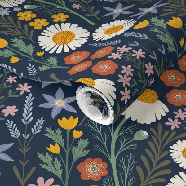 Spoonflower British Spring Meadow Navy Custom Pre-pasted Wallpaper - Brown,blue