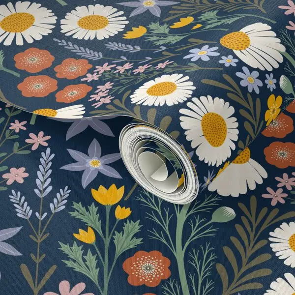 Spoonflower British Spring Meadow Navy Custom Pre-pasted Wallpaper - Brown,blue