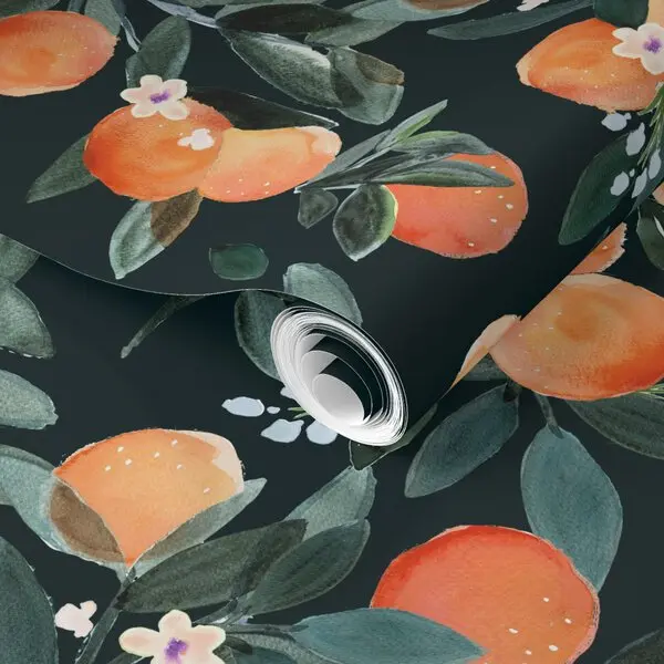 Spoonflower Flowers Leaves Citrus Oranges Orchard Clementines Custom Pre-pasted Wallpaper - Orange,black,blue
