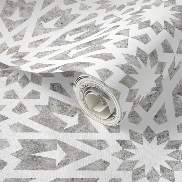 Spoonflower Moroccan Sand Tiles Geometric Painted Bohemian Custom Pre-pasted Wallpaper - Gray,white