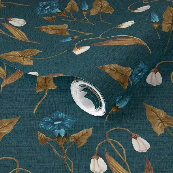 Spoonflower Lily & Morning Glory Dark Teal Custom Pre-pasted Wallpaper - Teal,brown,blue