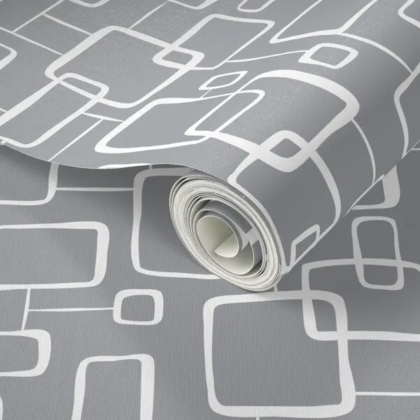 Spoonflower Retro Geometric Grey Vintage Gray Abstract Custom Pre-pasted Wallpaper - Gray,white