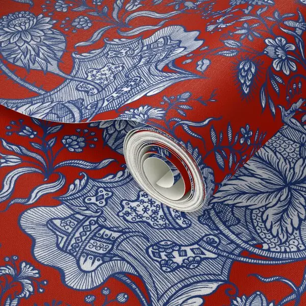 Spoonflower Chintz Floral Antique Red White And Blue Patriotic Custom Removable Wallpaper - Red,blue