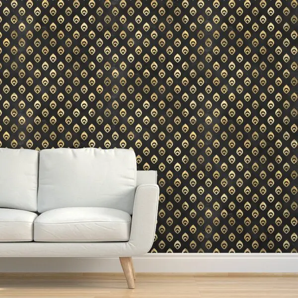 Spoonflower Black Modern Gold Peacock Polka Traditional Wallpaper - Brown,green