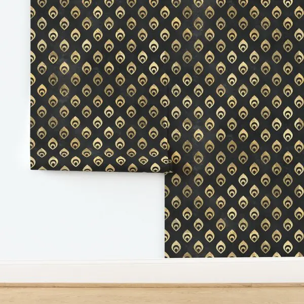 Spoonflower Black Modern Gold Peacock Polka Traditional Wallpaper - Brown,green
