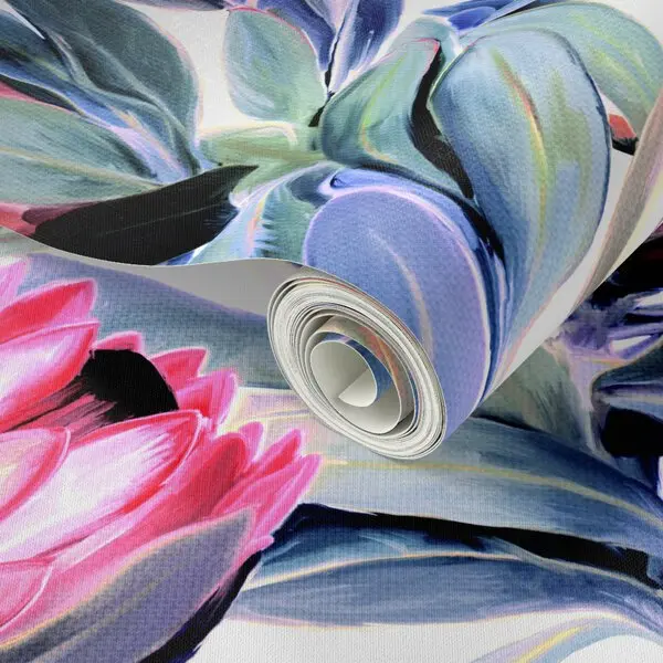 Spoonflower Painted Protea Floral Light Pink Green Botanical Custom Removable Wallpaper - Blue,pink,purple