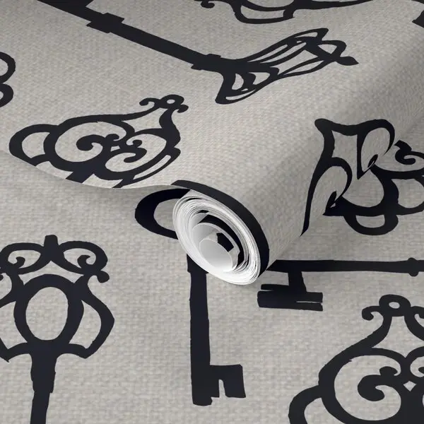 Spoonflower Vintage Goth Key Keys Lock Antique Victorian Custom Pre-pasted Wallpaper - Black,white,gray