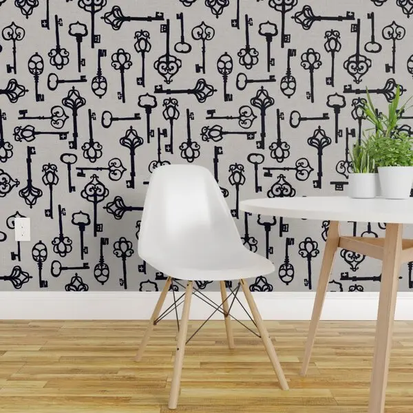Spoonflower Vintage Goth Key Keys Lock Antique Victorian Custom Pre-pasted Wallpaper - Black,white,gray