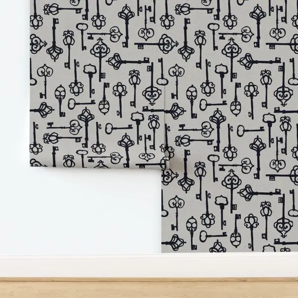 Spoonflower Vintage Goth Key Keys Lock Antique Victorian Custom Pre-pasted Wallpaper - Black,white,gray