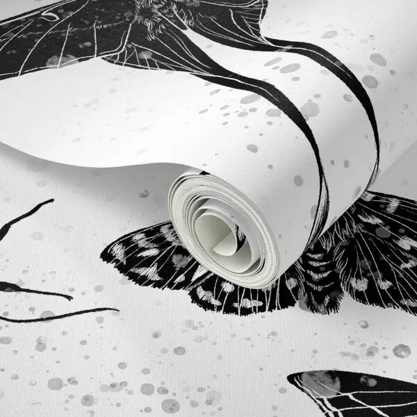 Spoonflower Moths Insects Watercolor Black And White Night Ink Custom Pre-pasted Wallpaper - Black,white,gray