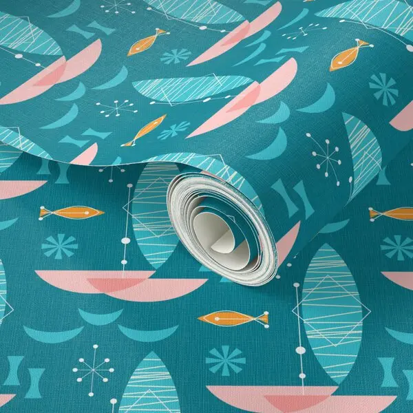 Spoonflower Sea Hawaii Mid Century Atomic Boat Mia Catamaran Custom Pre-pasted Wallpaper - Blue,pink,green
