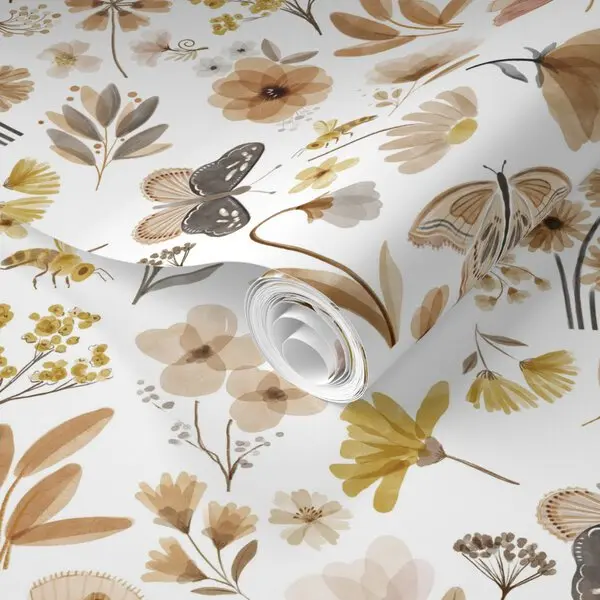 Spoonflower Botanical Gardens Butterflies Flowers Custom Pre-pasted Wallpaper - Brown,white,gray