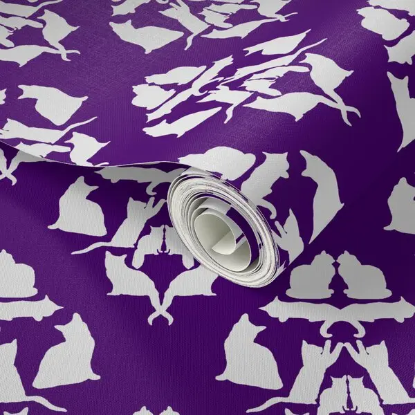 Spoonflower Purple Grey Cat Kitten Kitty Damask Silhouettes Traditional Wallpaper - Purple,gray