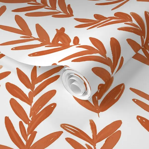 Spoonflower Leaves Orange Sage Herbs Brush Strokes Traditional Wallpaper - Gray,orange,brown
