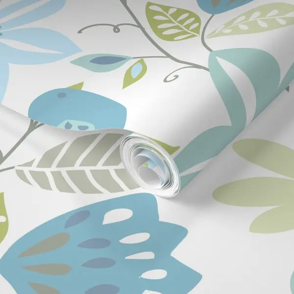 Spoonflower Blue Leaves Vines Grey Birds Turquoise Custom Pre-pasted Wallpaper - Blue,white,mint