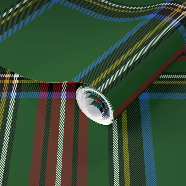 Spoonflower Black Green Blue Plaid Red Gold Royal Custom Pre-pasted Wallpaper - Green,red,brown