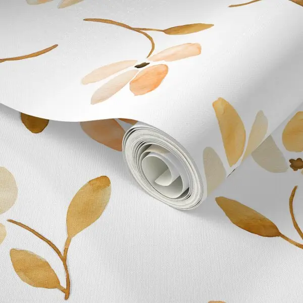 Spoonflower Bloom Gold Autumn Florals Fall Floral Flowers Custom Pre-pasted Wallpaper - Gold,white,gray