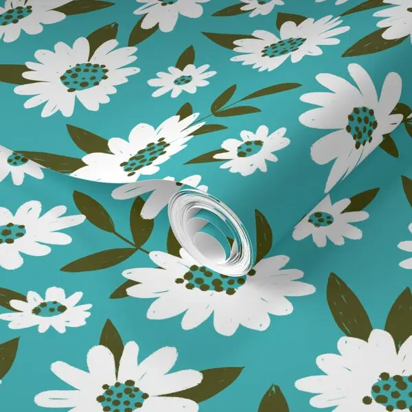 Spoonflower White Flowers Floral Turquoise Spring Summer Custom Pre-pasted Wallpaper - Mint,green,teal