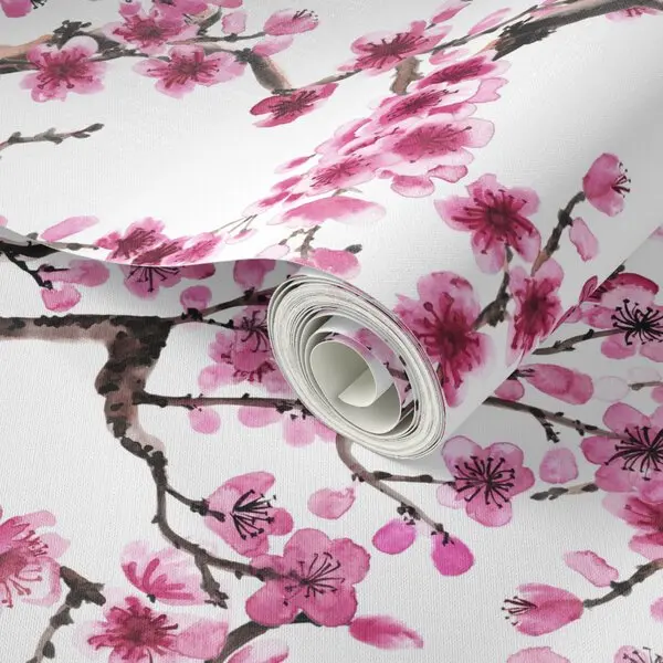 Spoonflower Pink Sakura Branches Summer Bloom Cherry Blossom Custom Removable Wallpaper - Pink,white,purple