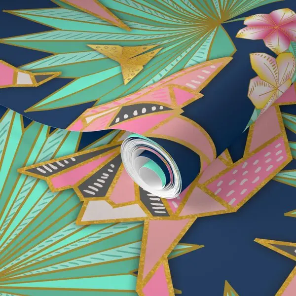 Spoonflower Butterfly Summer Flamingo Origami Plumeria Custom Removable Wallpaper - Blue,coral,green