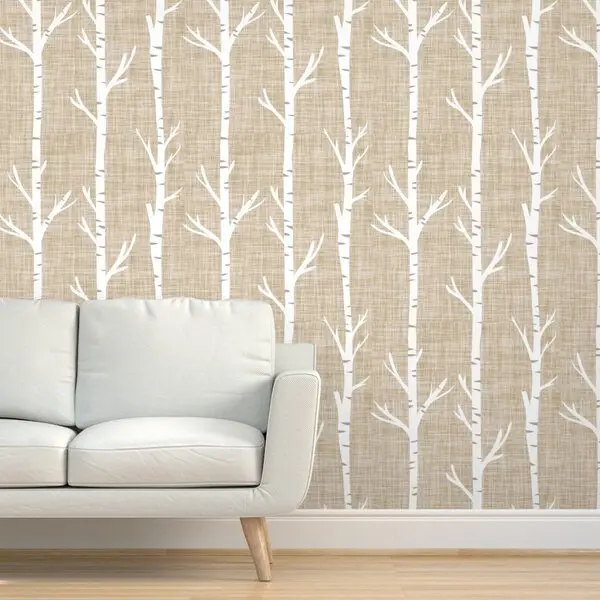 Spoonflower Trees Birch Tan Custom Pre-pasted Wallpaper