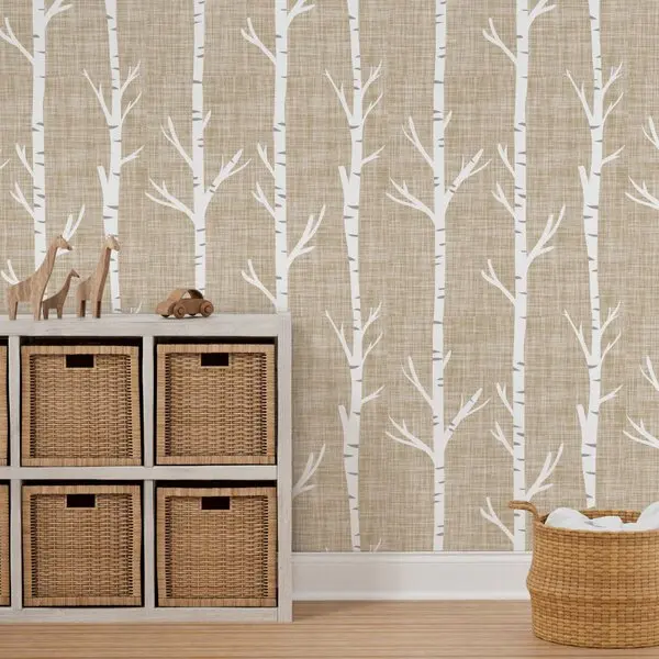 Spoonflower Trees Birch Tan Custom Pre-pasted Wallpaper