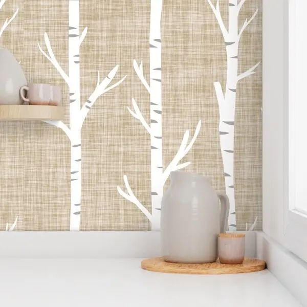 Spoonflower Trees Birch Tan Custom Pre-pasted Wallpaper