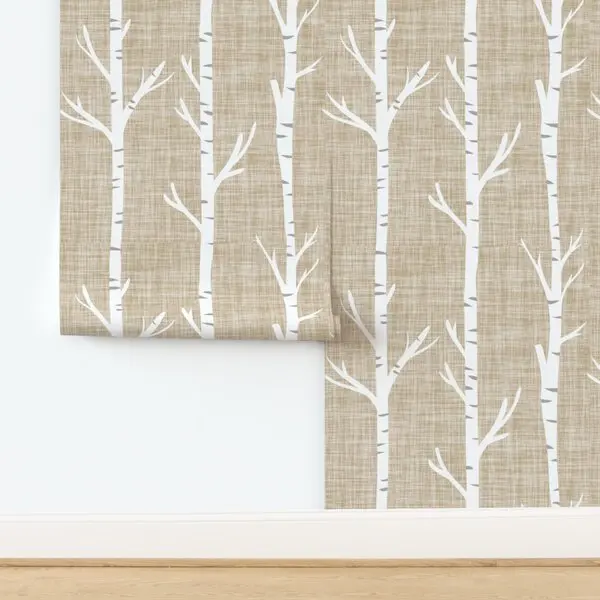 Spoonflower Trees Birch Tan Custom Pre-pasted Wallpaper