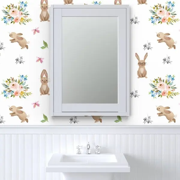 Spoonflower Spring Time Fun Bunnies White Easter Bunny Flowers Custom Removable Wallpaper - Brown,gray