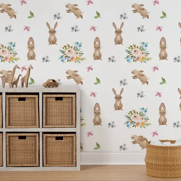 Spoonflower Spring Time Fun Bunnies White Easter Bunny Flowers Custom Removable Wallpaper - Brown,gray