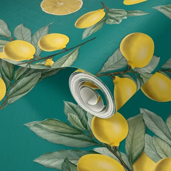 Spoonflower Lemon Tree Teal Custom Pre-pasted Wallpaper - Blue,green,black