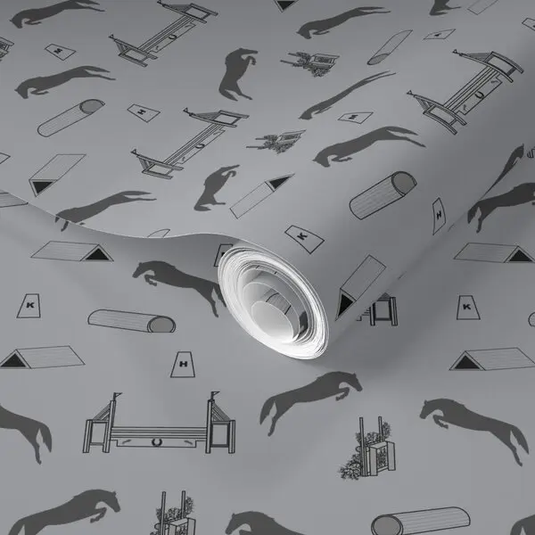 Spoonflower Animals Horses Equestrian Eventing Jumping Horse Custom Pre-pasted Wallpaper - Gray