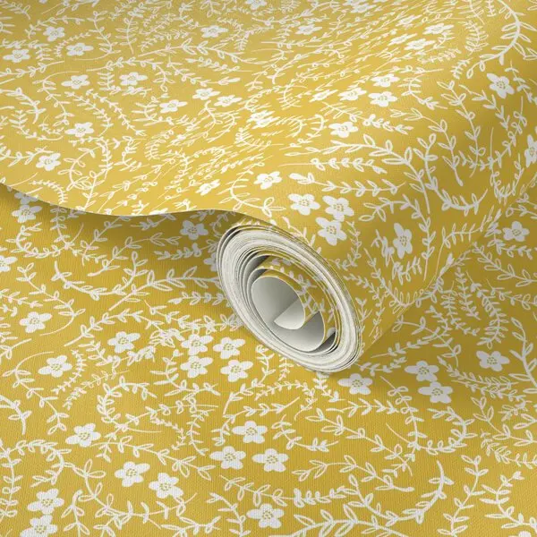Spoonflower Scattered Mustard Flowers Floral Custom Removable Wallpaper - Yellow,beige,orange