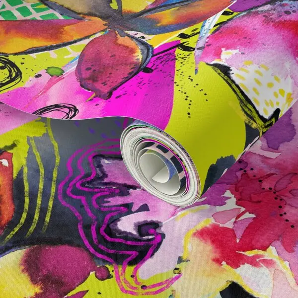 Spoonflower Flowers Floral Pattern Summer Neon Colors Bright Custom Pre-pasted Wallpaper - Purple,green,pink