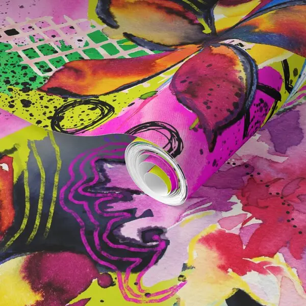Spoonflower Flowers Floral Pattern Summer Neon Colors Bright Custom Pre-pasted Wallpaper - Purple,green,pink