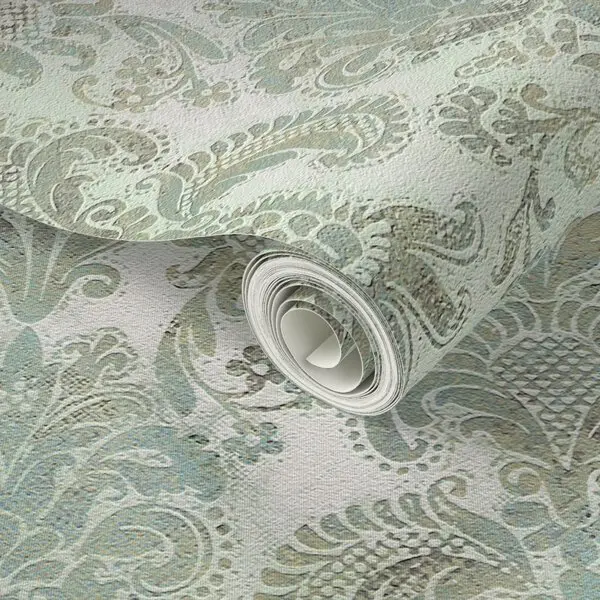 Spoonflower Grunge Damask Duck Egg Blue Sage Custom Pre-pasted Wallpaper - Green