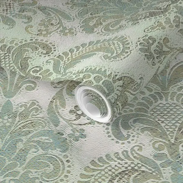 Spoonflower Grunge Damask Duck Egg Blue Sage Custom Pre-pasted Wallpaper - Green