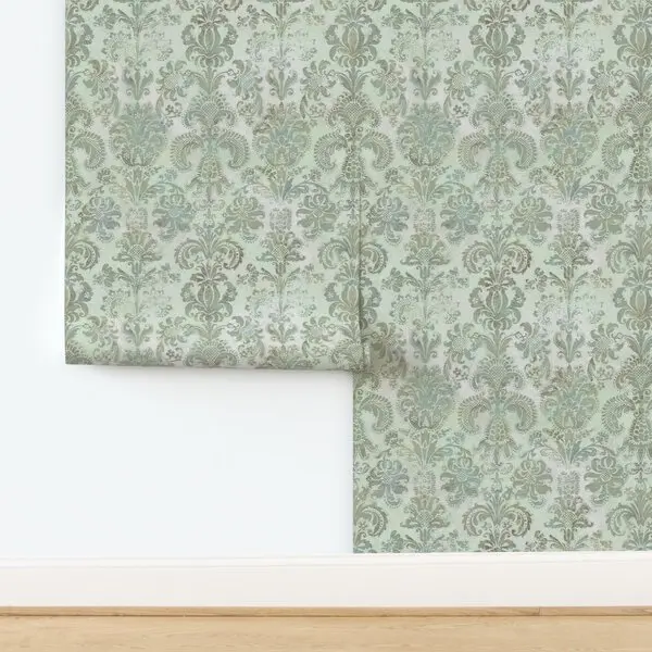 Spoonflower Grunge Damask Duck Egg Blue Sage Custom Pre-pasted Wallpaper - Green