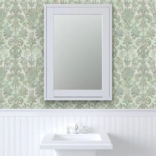 Spoonflower Grunge Damask Duck Egg Blue Sage Custom Pre-pasted Wallpaper - Green