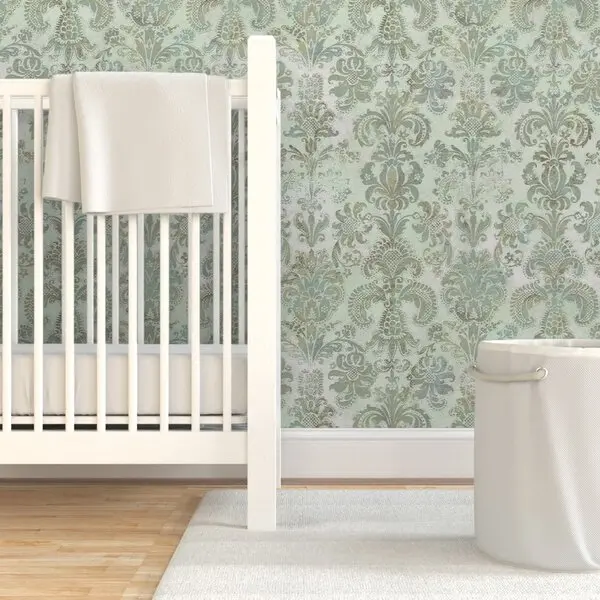 Spoonflower Grunge Damask Duck Egg Blue Sage Custom Pre-pasted Wallpaper - Green