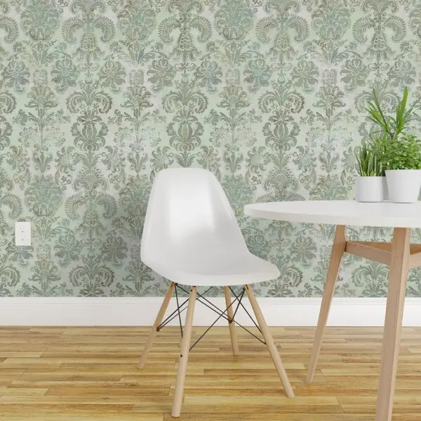 Spoonflower Grunge Damask Duck Egg Blue Sage Custom Pre-pasted Wallpaper - Green